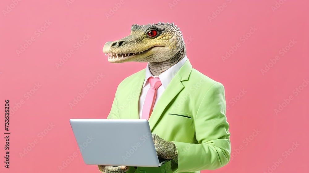 Crocodile alligator in suit using a laptop while working on bright ...