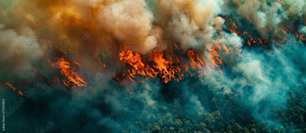 Bird's-eye view of a forest fire or wildfire captured by an aerial ...
