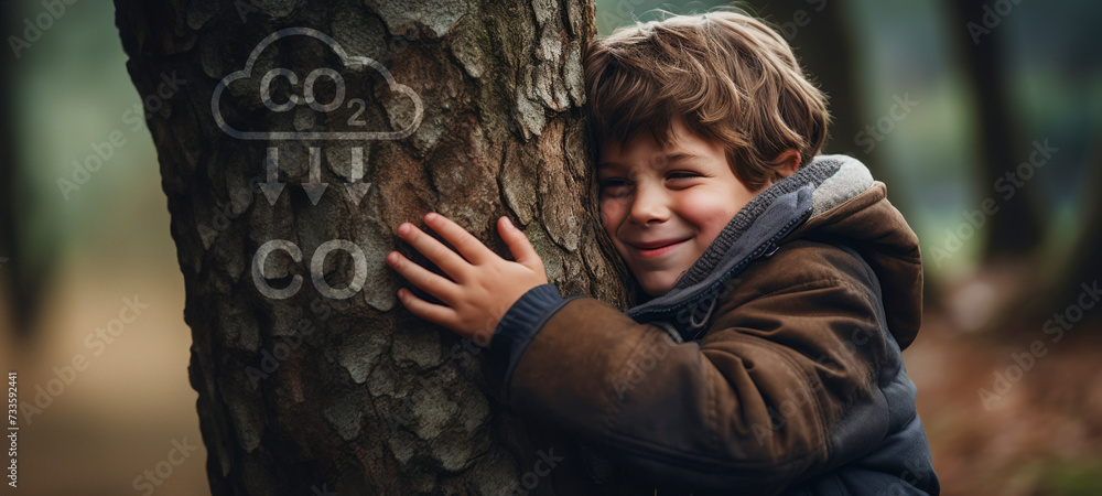 Net zero and carbon neutral concept. Child hugging a tree in the ...