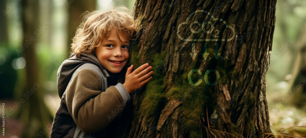 Net zero and carbon neutral concept. Child hugging a tree in the ...