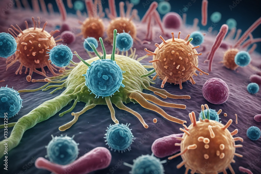 A diverse array of bacteria and viruses shown in a vivid microscopic ...