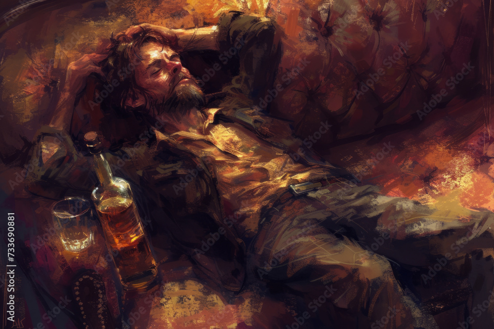 Unconscious Guy With Whiskey Bottle, Sprawled On Couch Stock ...