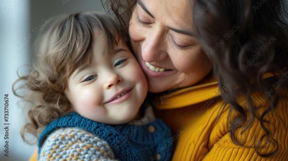 cropped portrait of mother and little child hugging, blue and yellow ...
