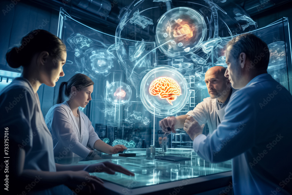 Research team discusses breakthroughs in brain decoding techniques. Group of scientists ...