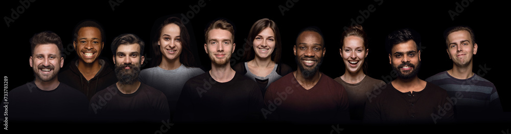 Collage made of close-up portraits of smiling young people of different ...
