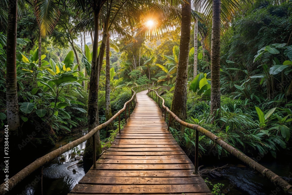 AI generated illustration of a wooden pathway leading into the tropical ...