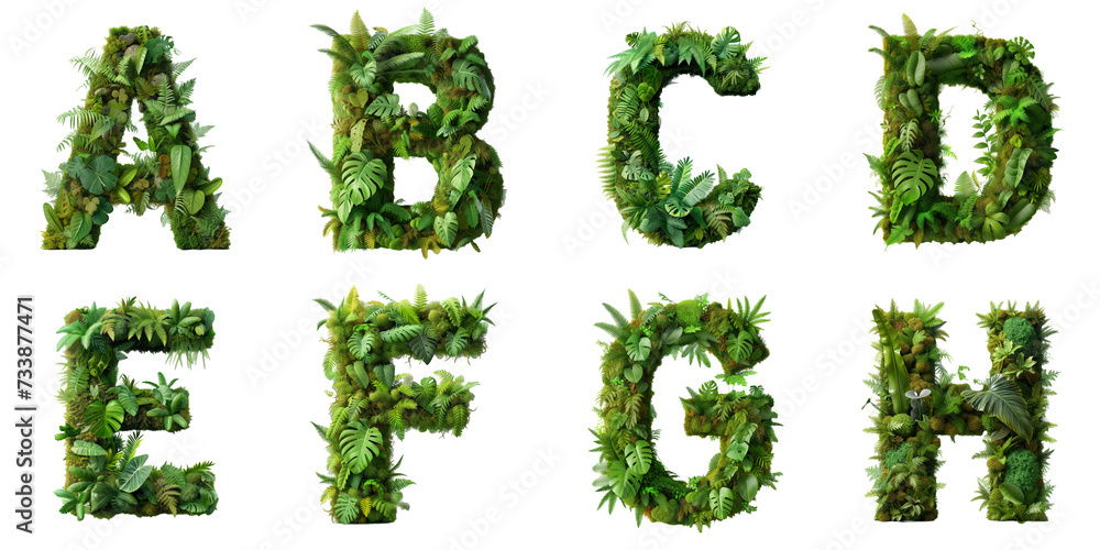 Letters A, B, C, D, E, F, G, H are made of the vibrant green ecosystem ...