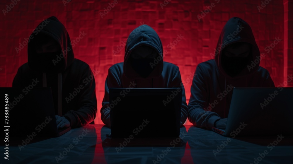 Shadowy silhouettes of cybercriminals at work, representing hackers and ...