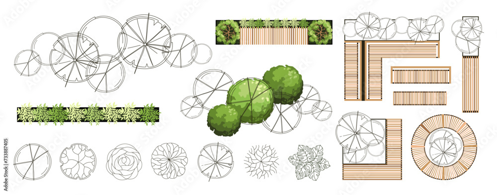Top view elements for the landscape design plan. Trees and benches for ...