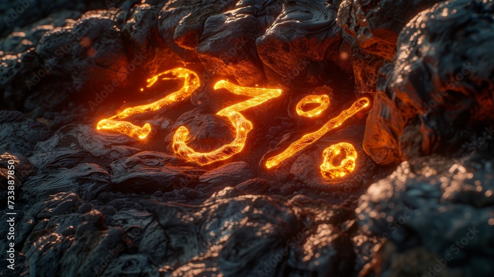 "23%" in a glowing lava flow font against a volcanic rock background ...
