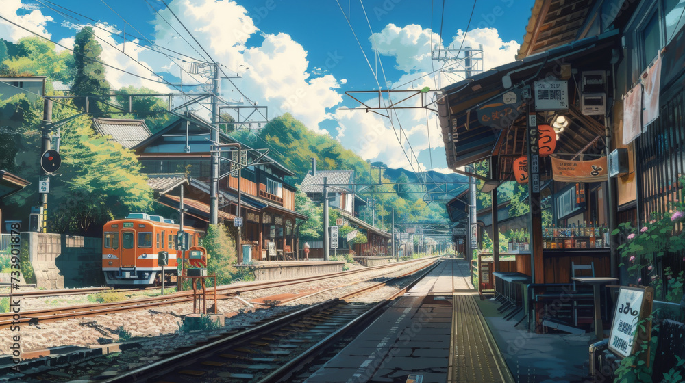 a beautiful japanese village city town in the morning. railway station ...