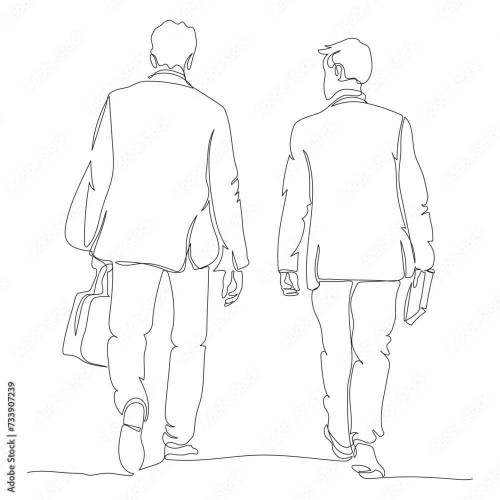 2 men walking away. Wear suits, holding notebook bag. Rear view ...