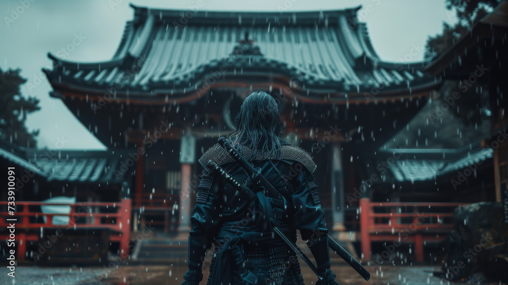 a epic samurai with a weapon sword standing in front of a old japanese ...