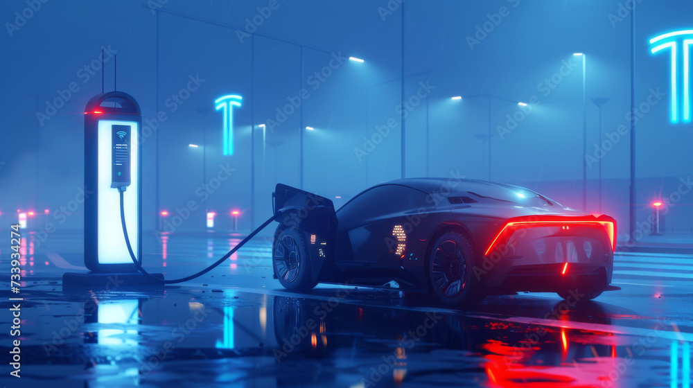 EV car in futuristic vehicle concept. Electric car charging station and ...