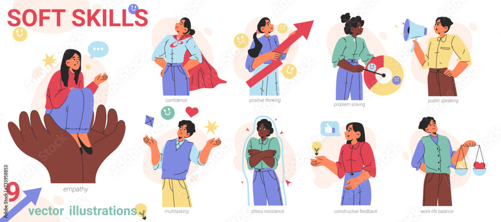 Person soft skills, confidence and empathy. Vector isolated flat ...