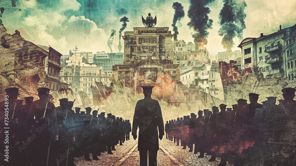 Collage of several images of a dictatorial regime and oppressive civil ...