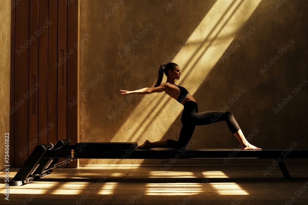 Athletic Woman on Pilates Reformer, Contrast of Light and Shadow ...