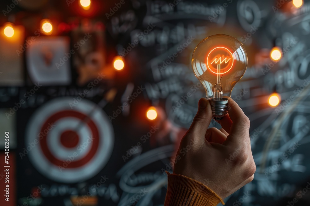 Hand holding to target objective with idea creative light bulb icon ...