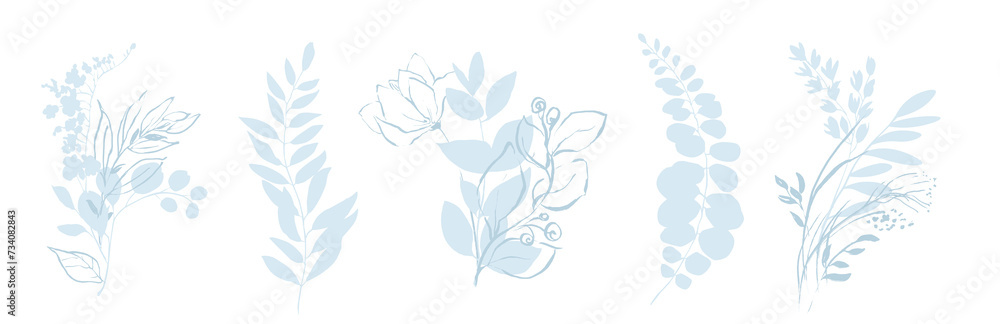 Simple outline blue floral clipart. Leaves and flowers sketch ...