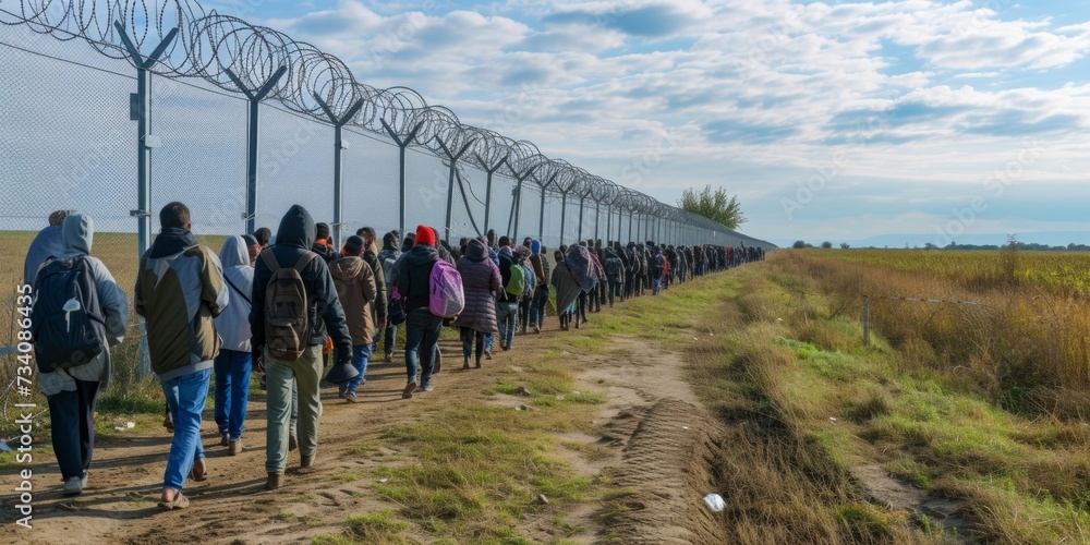 Queue of refugees along a high border fence Stock Photo | Adobe Stock