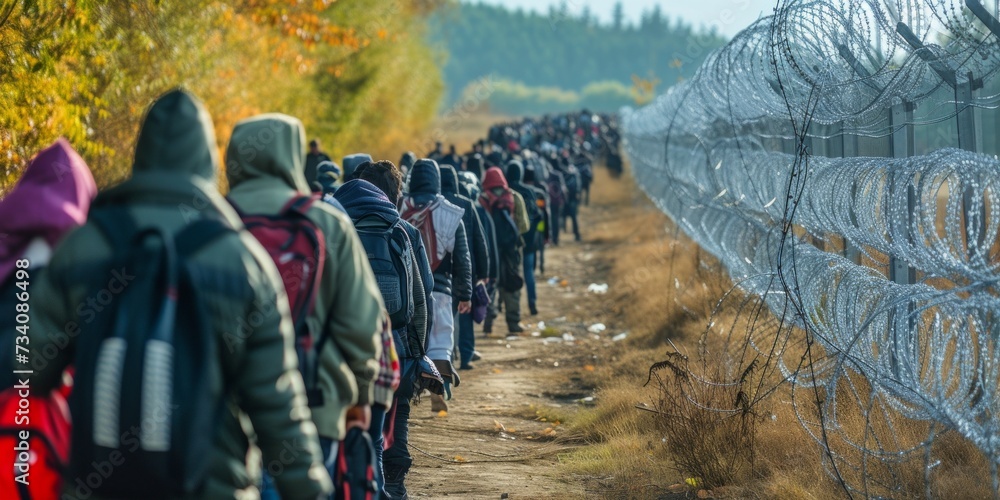 Queue of refugees along a high border fence Stock Photo | Adobe Stock
