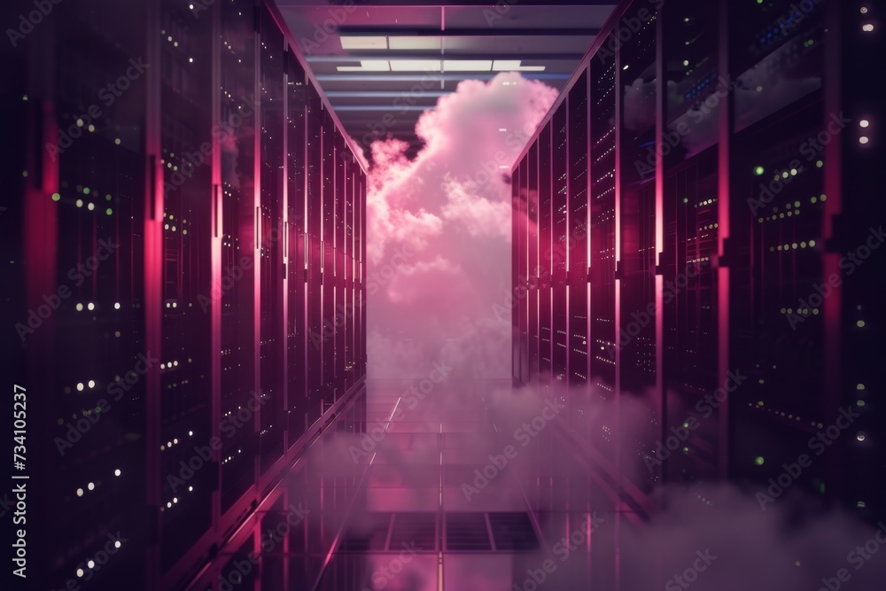 Data center with clouds. Cloud server representation, 3D render ...