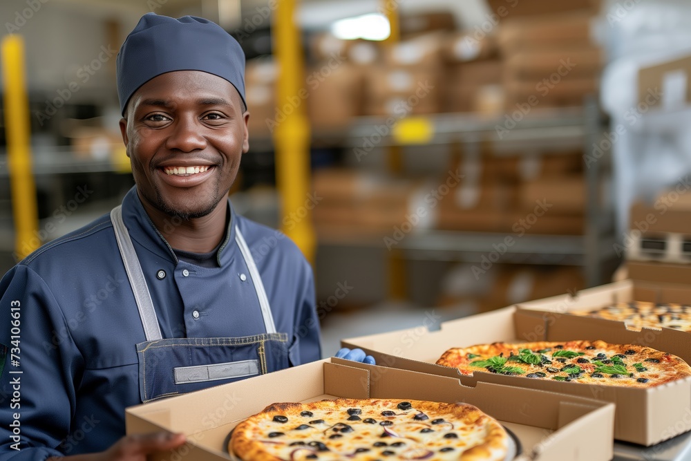Cheerful pizzeria worker in blue apron holds pizzas in boxes, warehouse ...