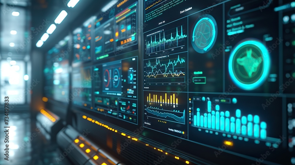 Inside a modern data center control room featuring advanced analytical display panels with ...