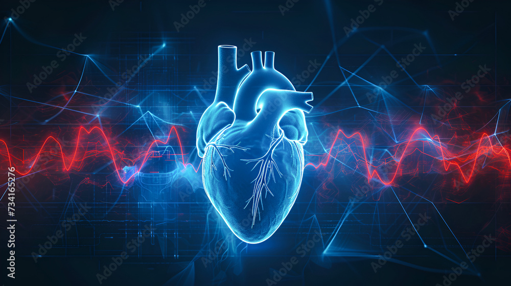 Digital 3D illustration of a human heart with blue digital red and blue ...