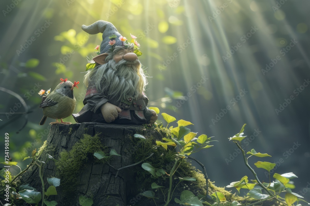 Stock-Illustration „Little gnome sitting on a stump in the forest with ...
