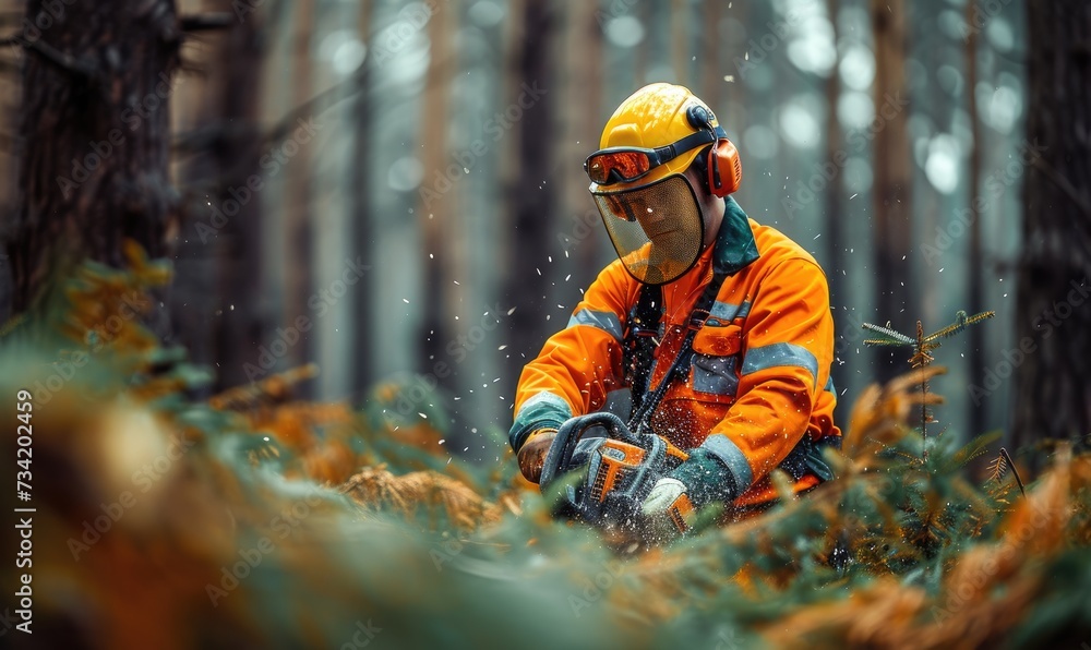 Action shots of lumberjack in orange suit and safety helmet cutting the ...