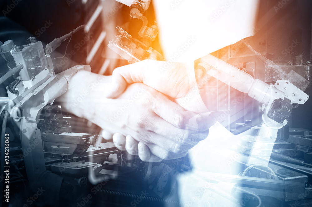 XAI Mechanized industry robot arm and business handshake double ...