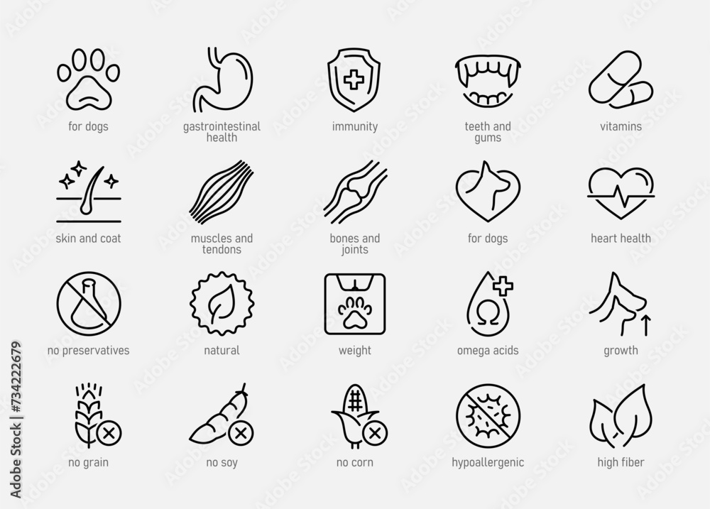 Vetor Dog Food Properties Vector Icon Set in Outline Style do Stock ...