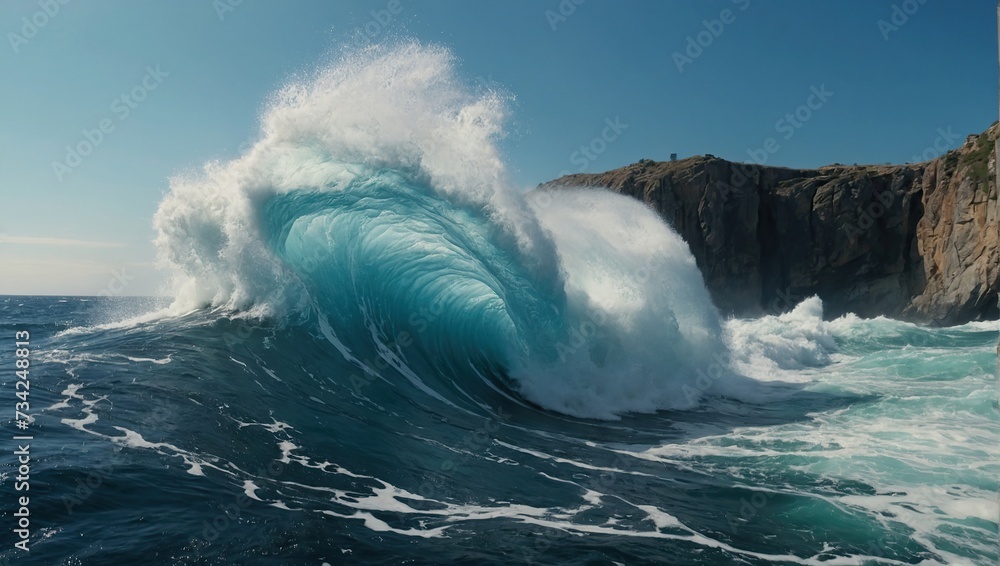 ocean and strong swell beating against the walls of a rocky cliff, blue ...