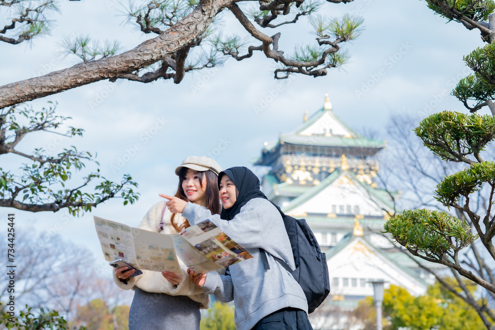 Travel, muslim travel, woman girl tourist Two Asian friends but ...