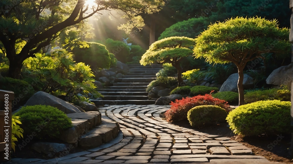 Beautiful japanese garden with a bricks walkway winding its way through ...