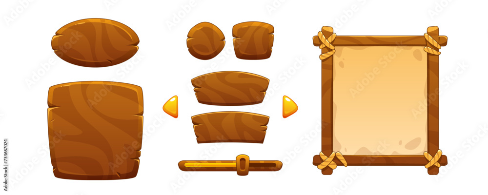 Wooden game ui design elements - buttons and boards for menu interface ...