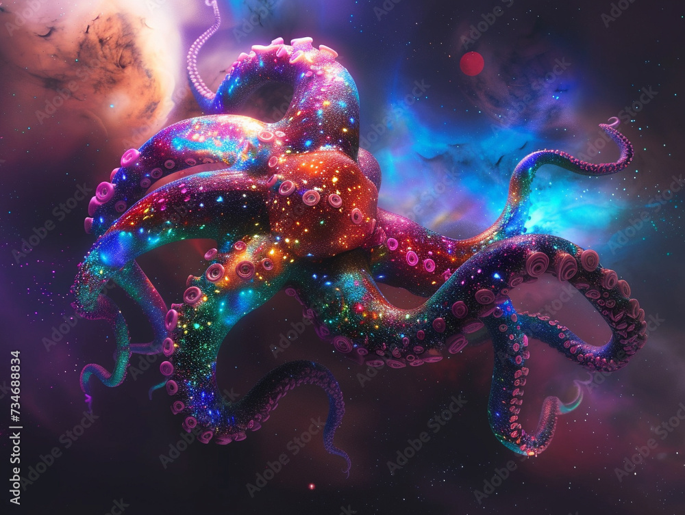 Illustrate a unique 3D render of a striking galaxy embraced with ...