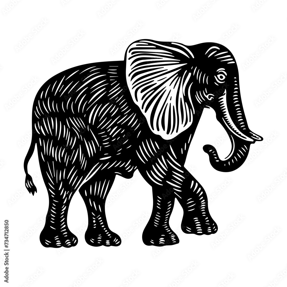 African elephant in linocut textured style. Isolated on white ...