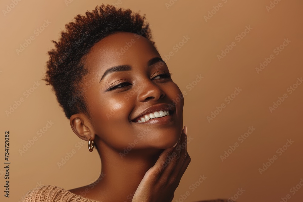 Happy black woman with short hair caressing her smooth neck skin ...