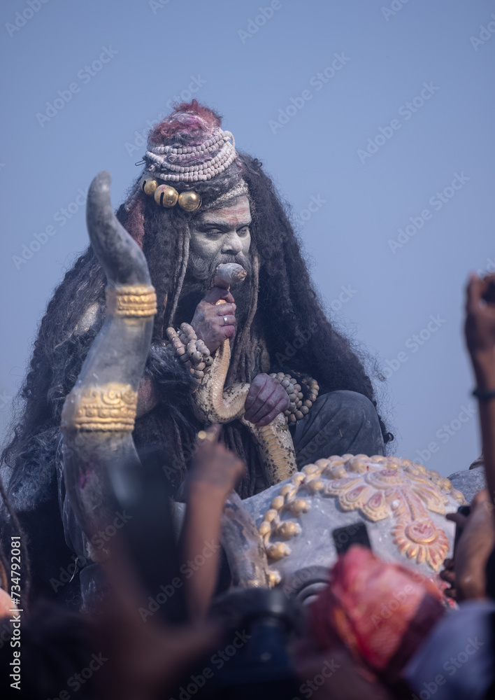 Masan Holi, Portrait of an male artist act as lord shiv with dry ash on ...