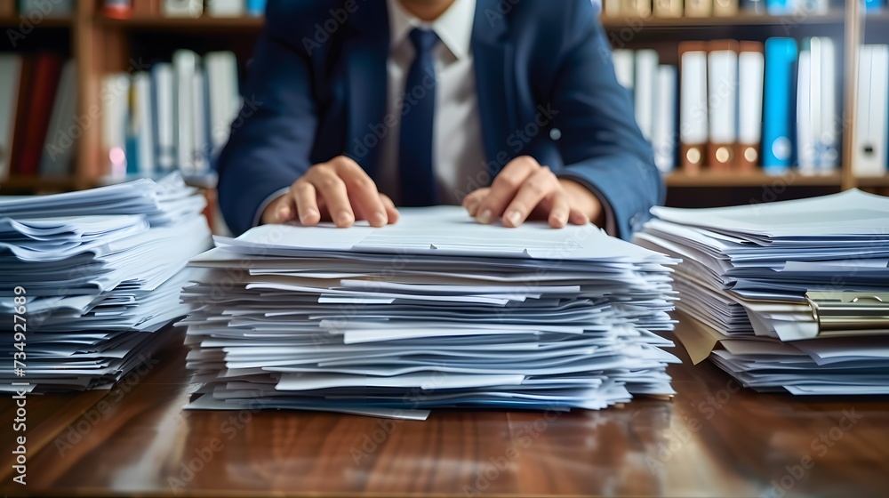 Businessman hands working in Stacks of paper files for searching ...