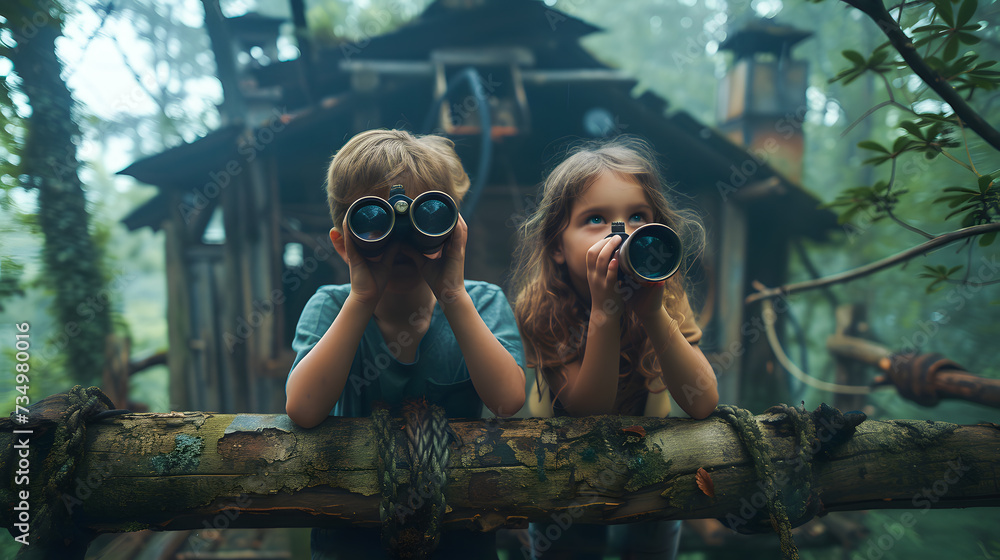 Binoculars. Two young kids using binoculars to explore the lush ...