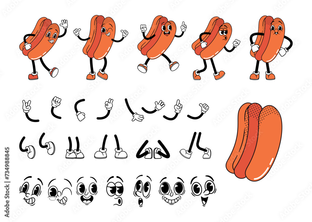 Cartoon Retro Fast Food Hot Dog Groovy Character Construction Kit ...
