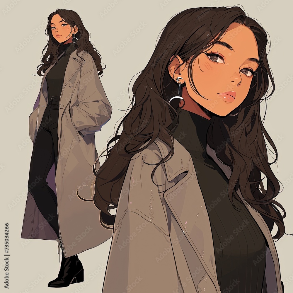asian woman character set reference with long hair and wear trench coat ...