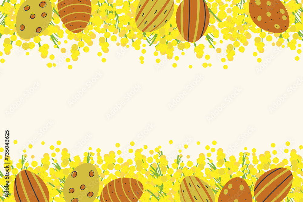 Easter wreath background with Easter eggs, acacia flowers, leaves ...