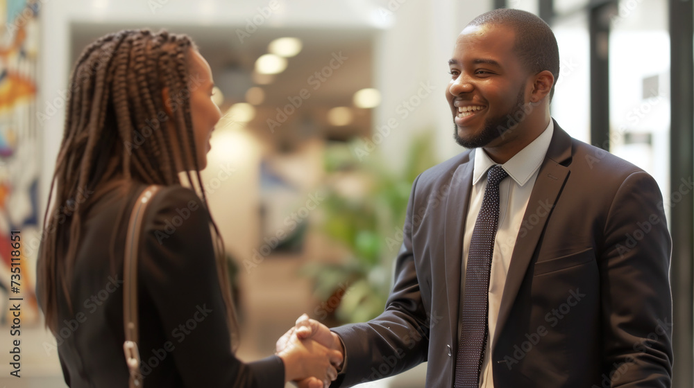 Smiling middle aged business man handshaking partner making partnership ...