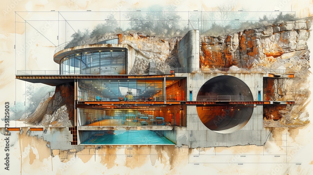 Ilustrace architectural model drawing of an underground nuclear bunker ...