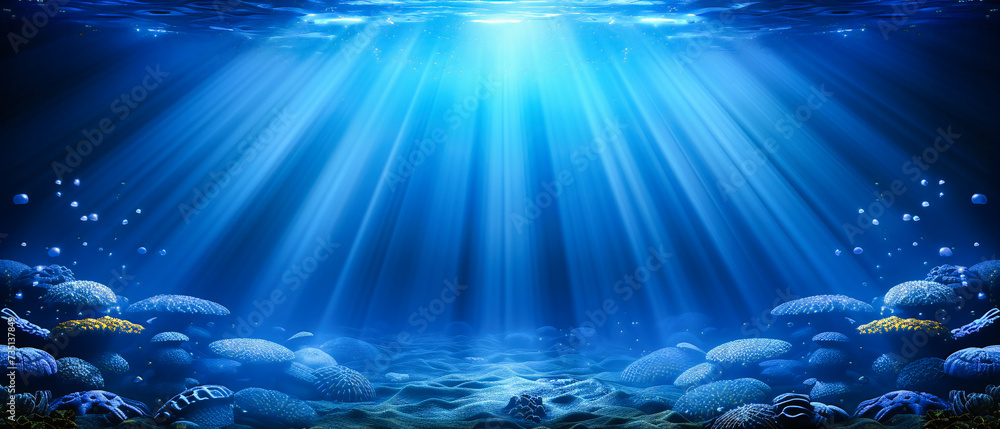 Underwater scene with sunlight filtering through, concept of ocean ...