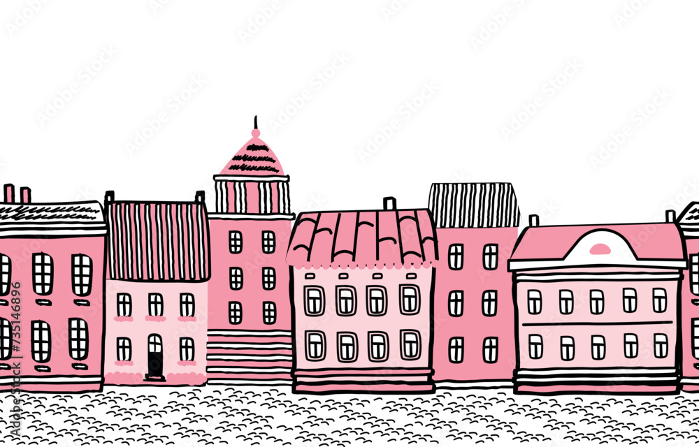 Pink town. Seamless border with houses. Old town background. pink ...